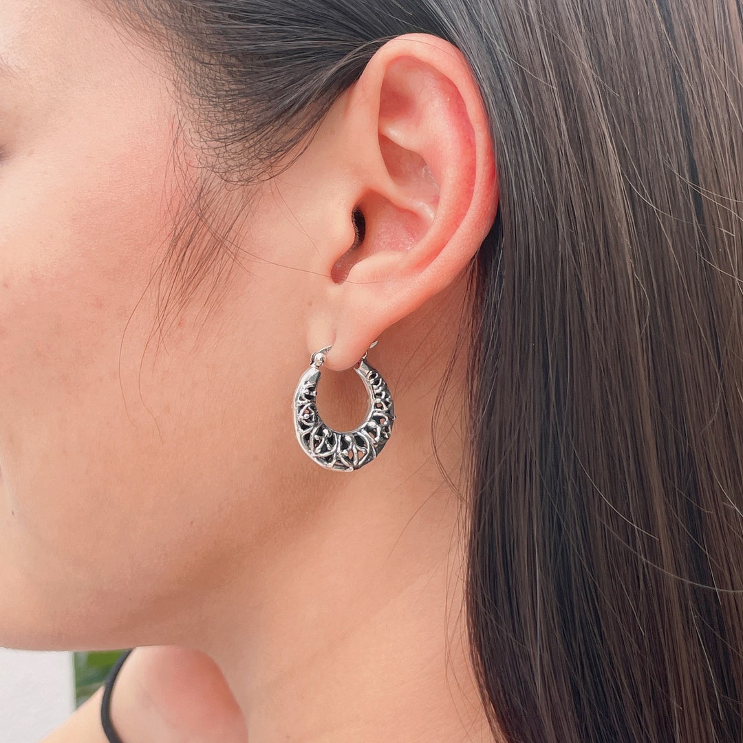 Filigree Crescent Hoops 925 Silver Hoops Silver Jewelry Gift for Her ...