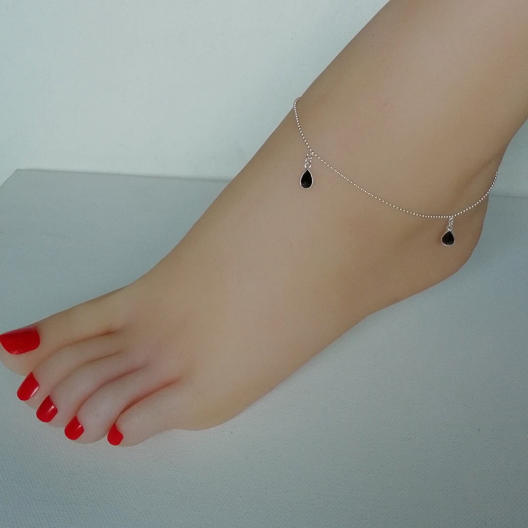 Black Crystal Tear Drop Charms Anklet | Silver Beads Chain Anklet | Cz ...
