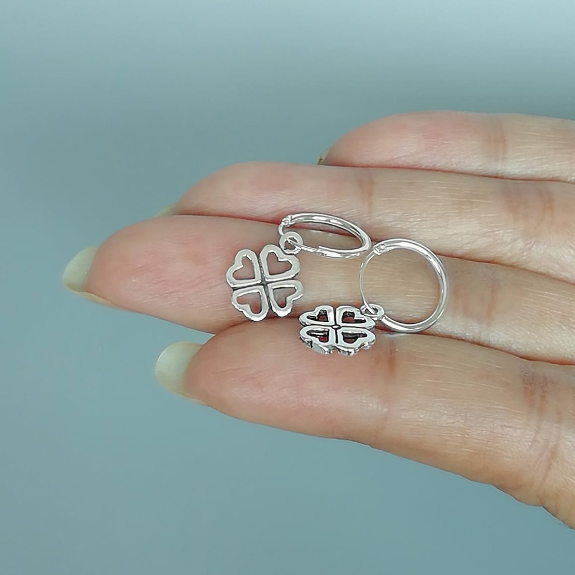 Sterling silver four leaf clover charm hoops Small hoop | Etsy