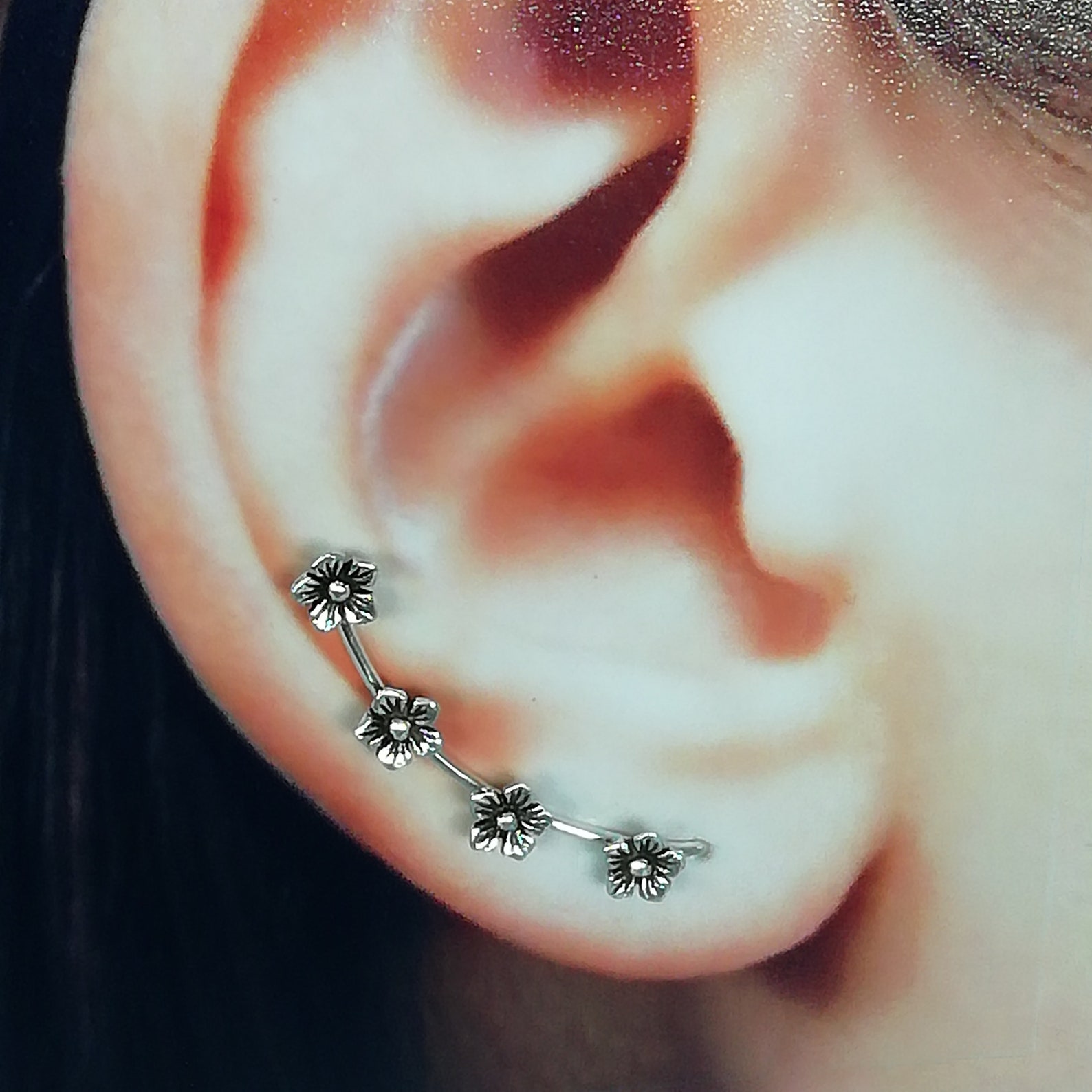 Silver Flower Ear Climber Flower Earrings Silver Ear - Etsy