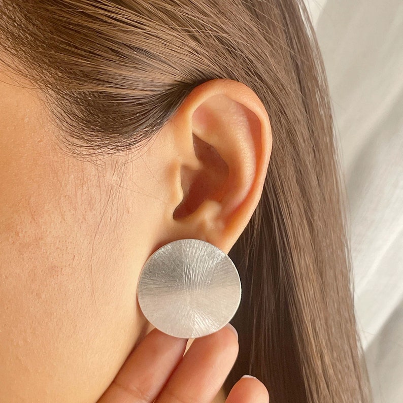 Large Round Ear Stud Matte Ear Studs Sterling Silver | Etsy