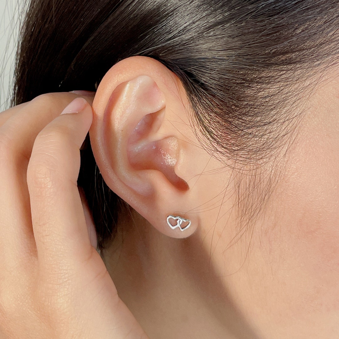 Sterling Silver Two Hearts Earrings | Hearts Ear Studs | Minimalist ...