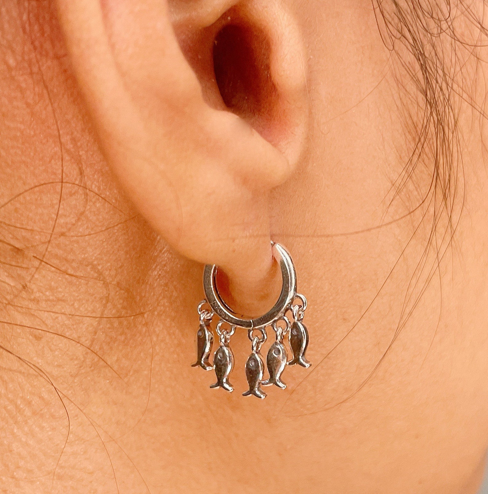 Sterling Silver Fish Charms Hoops 12 Mm Hoop Earrings Fish | Etsy