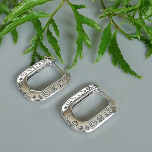 Sterling Silver Rectangle Hoops With Symbols Engraved Hoops Bohemian ...