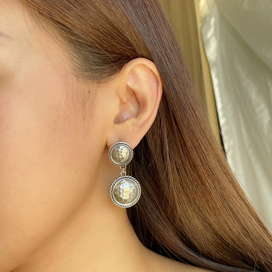 Hammered Ear Dangler Sterling Silver Round Danglers Chunky - Etsy