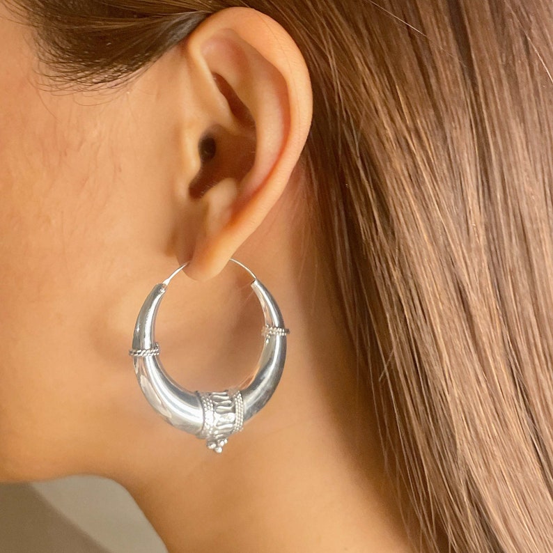 Large Tibetan Hoops 40 Mm Silver Hoops Thick Silver Hoops - Etsy