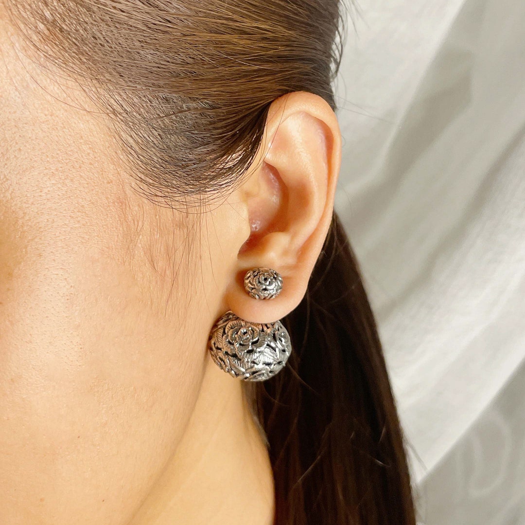 Double Sided Sterling Silver Ball Studs | Flower Front Back Earrings ...