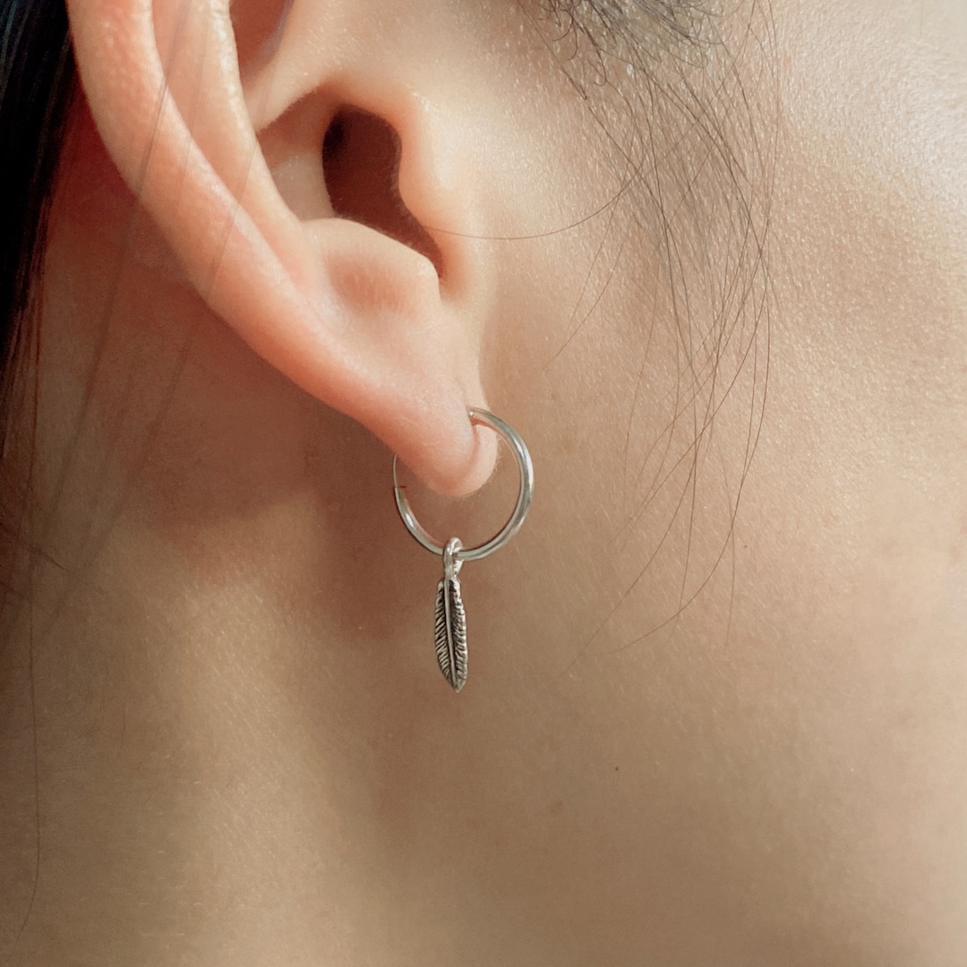 Sterling Silver Feather Charm Hoop | 12 Mm Hoop Earrings | Minimalist ...