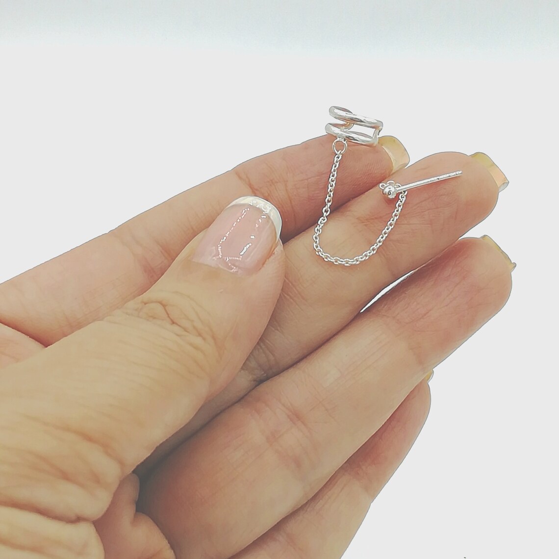 Silver ear cuff Ear cuff with chain Two band ear cuff | Etsy