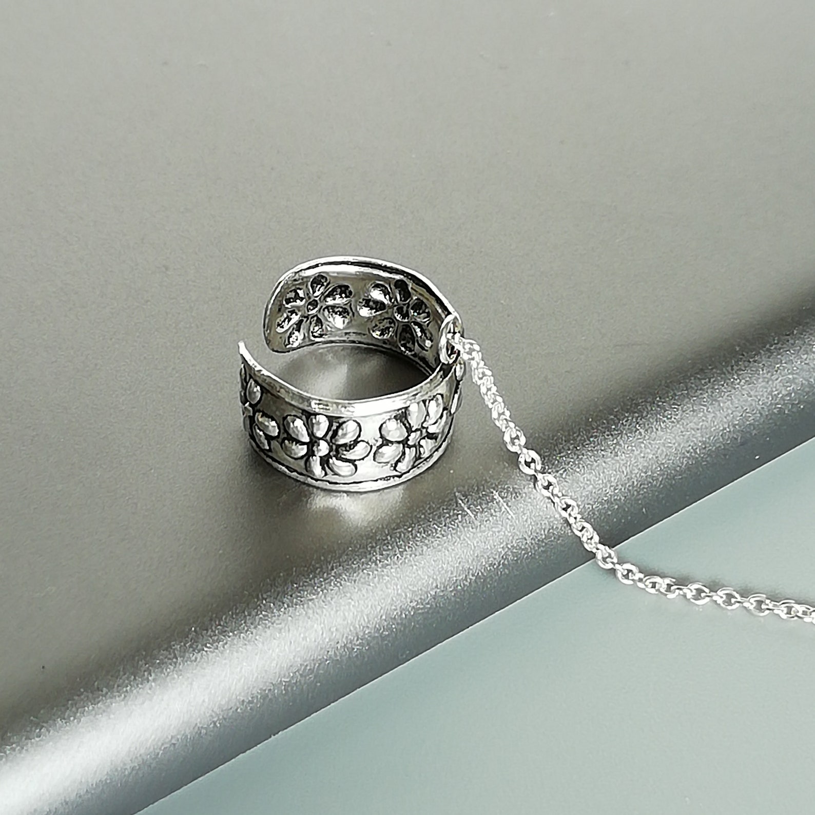 Sterling Silver Daisy Ear Cuff | Ear Cuff With Chain | 925 Silver Cuff ...