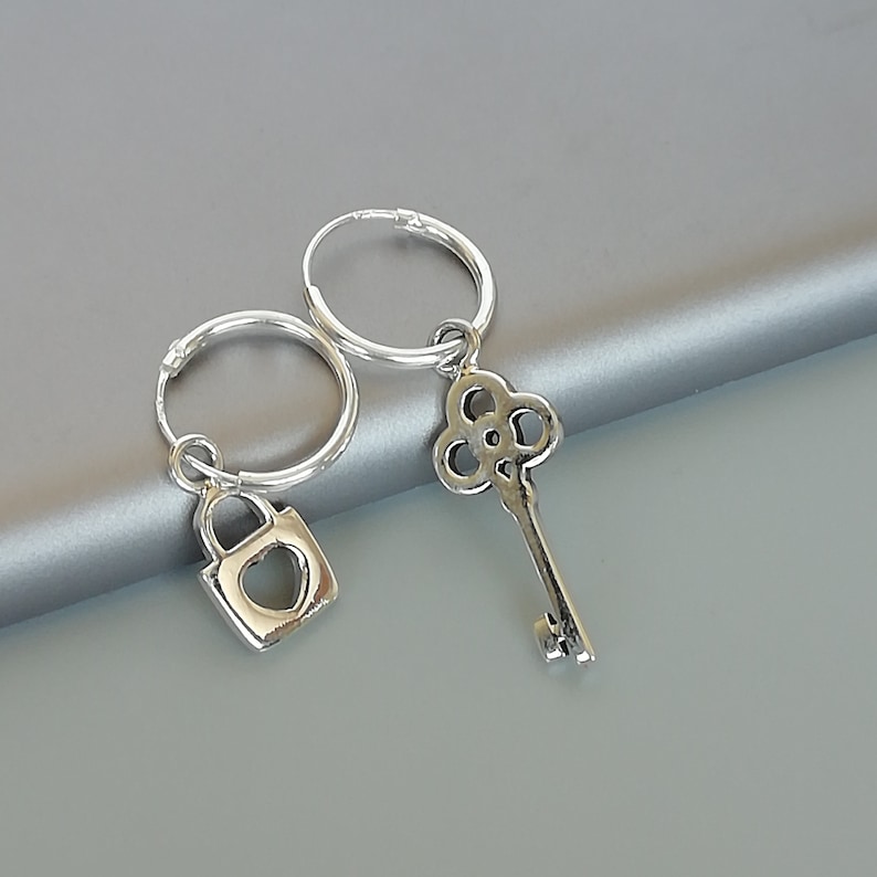 Sterling Silver Lock and Key Charm Hoops Silver Charm Hoop - Etsy