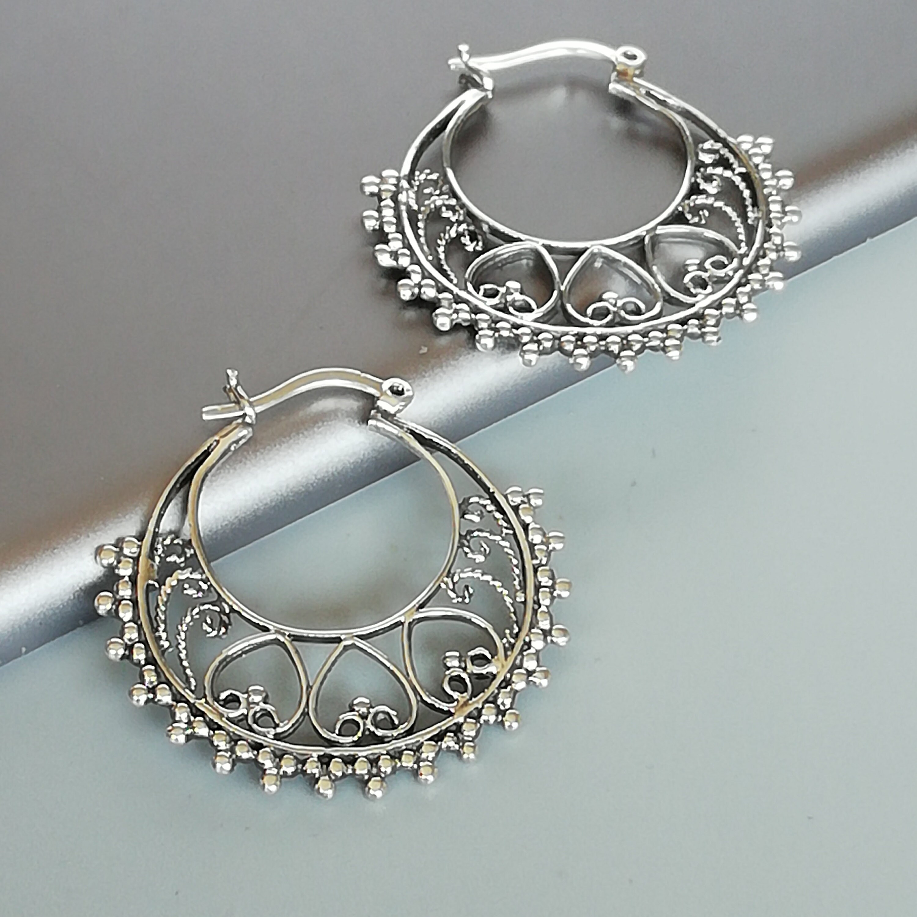 Large ethnic ear hoops Sterling silver hoops Indian hoops | Etsy