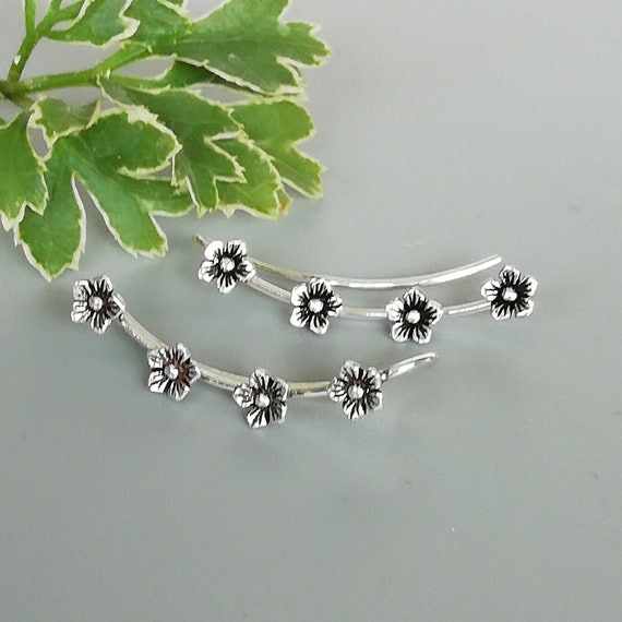 Silver Flower Ear Climber Flower Earrings Silver Ear | Etsy