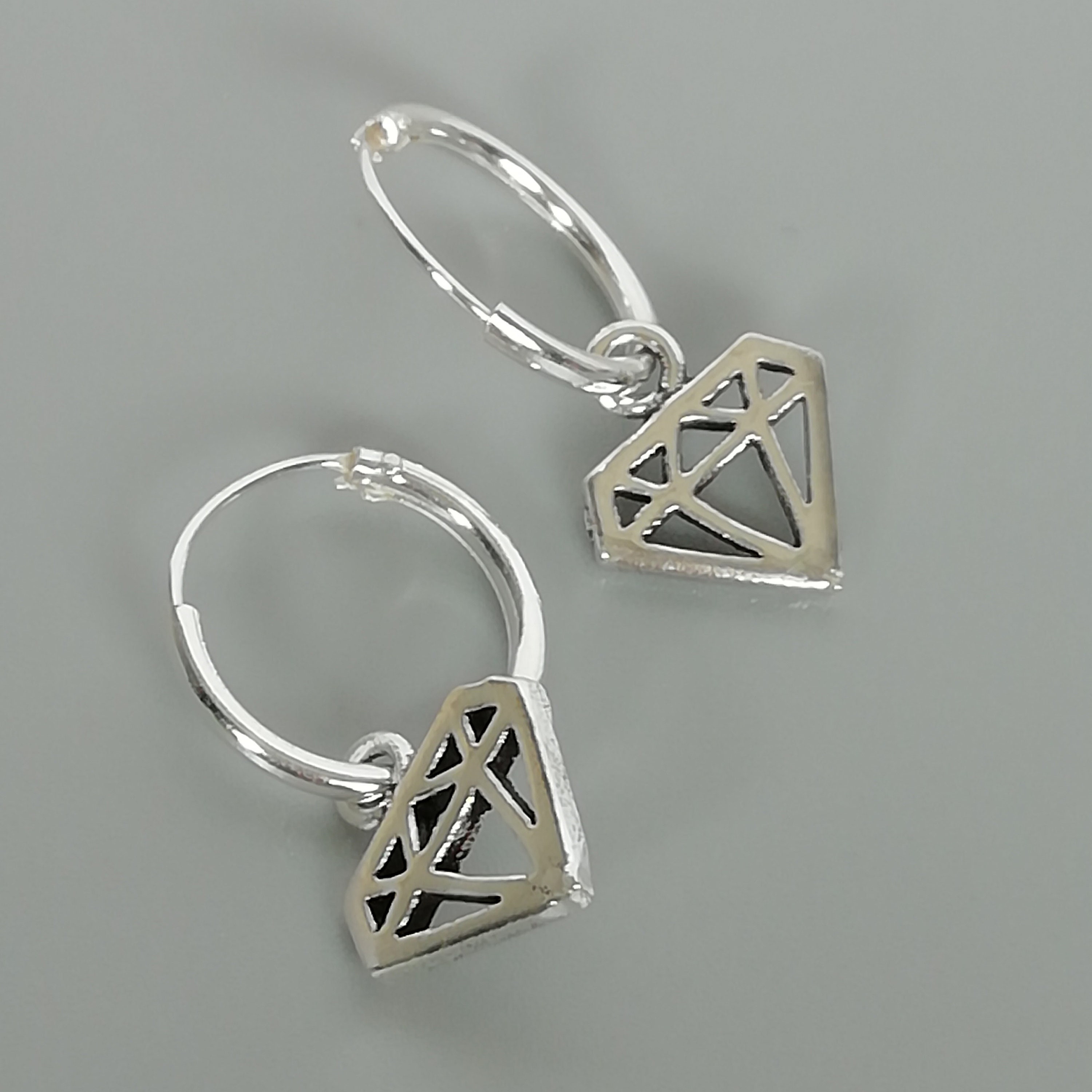 Diamond charm hoop Sterling silver ear hoops Diamond hoops | Etsy