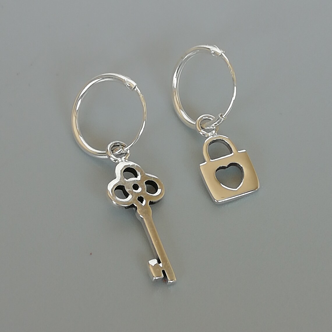 Sterling Silver Lock and Key Charm Hoops | Silver Charm Hoop Earrings ...