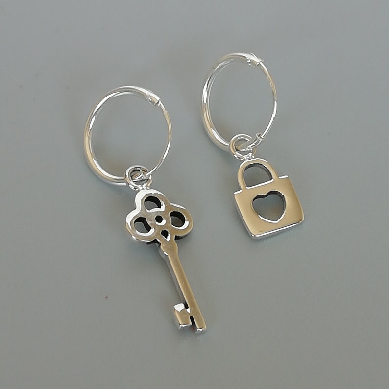 Sterling Silver Lock and Key Charm Hoops Silver Charm Hoop - Etsy