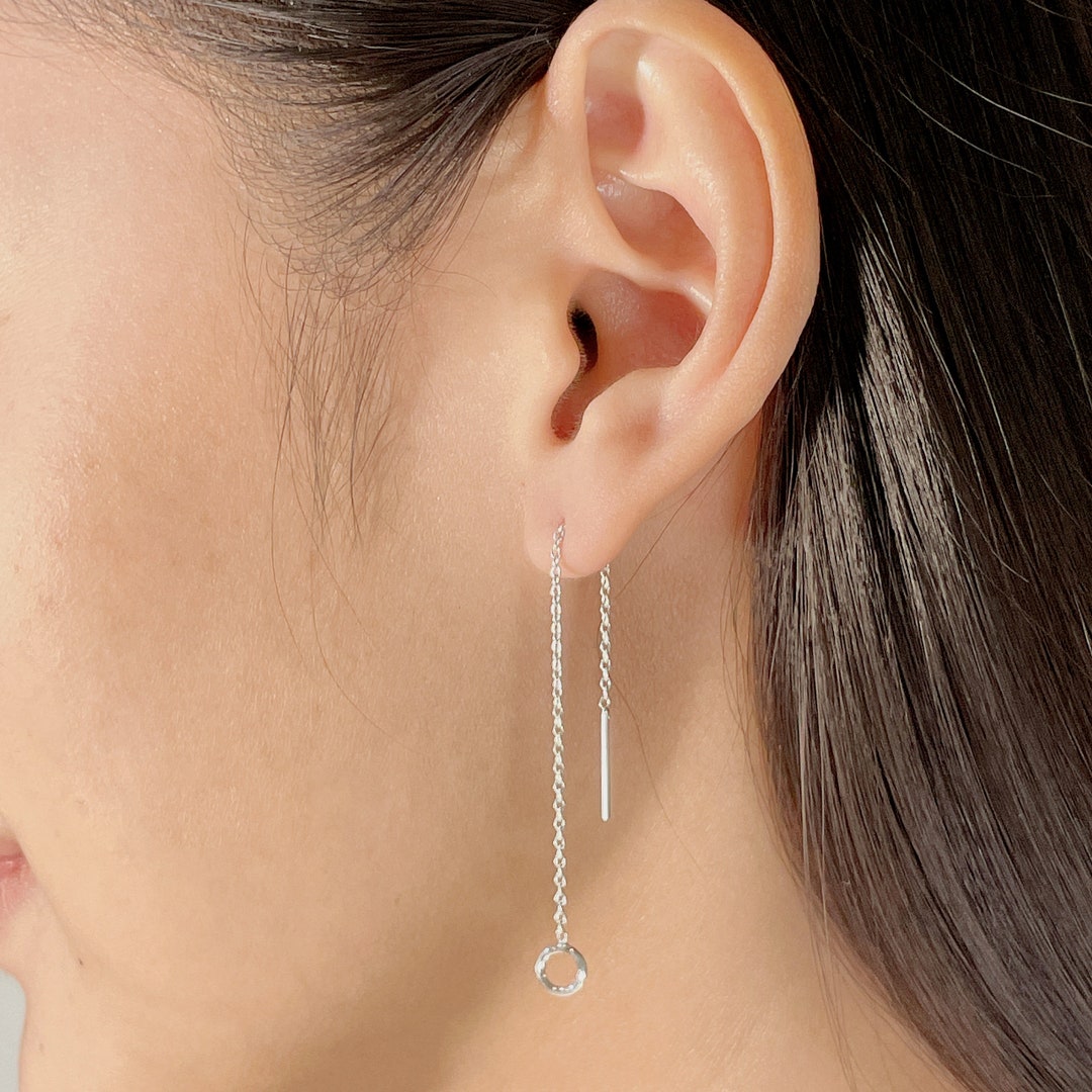 Circle Ear Threader | Chain Ear Threader | Sterling Silver Delicate ...