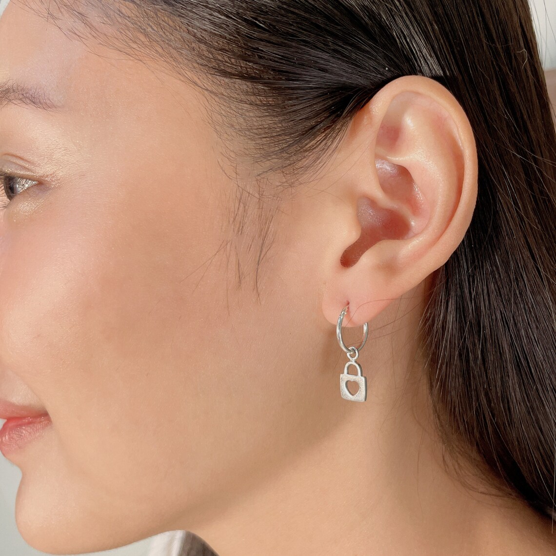 Sterling Silver Lock and Key Charm Hoops Silver Charm Hoop - Etsy