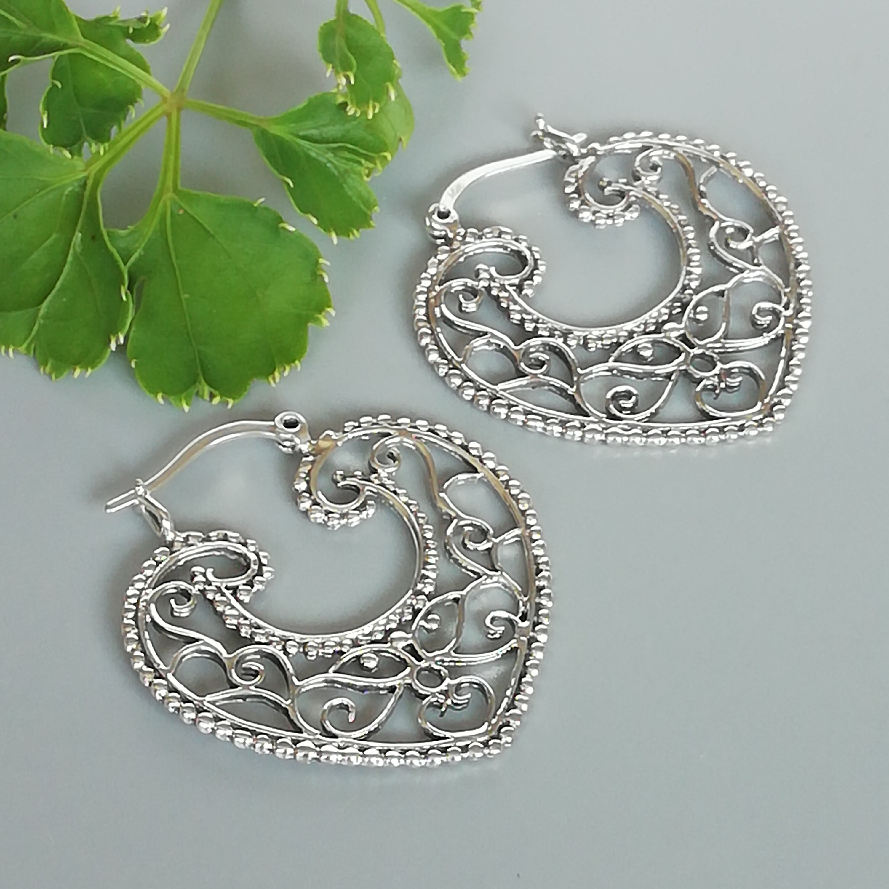 Sterling silver filigree hoops Indian hoops Bohemian hoops | Etsy
