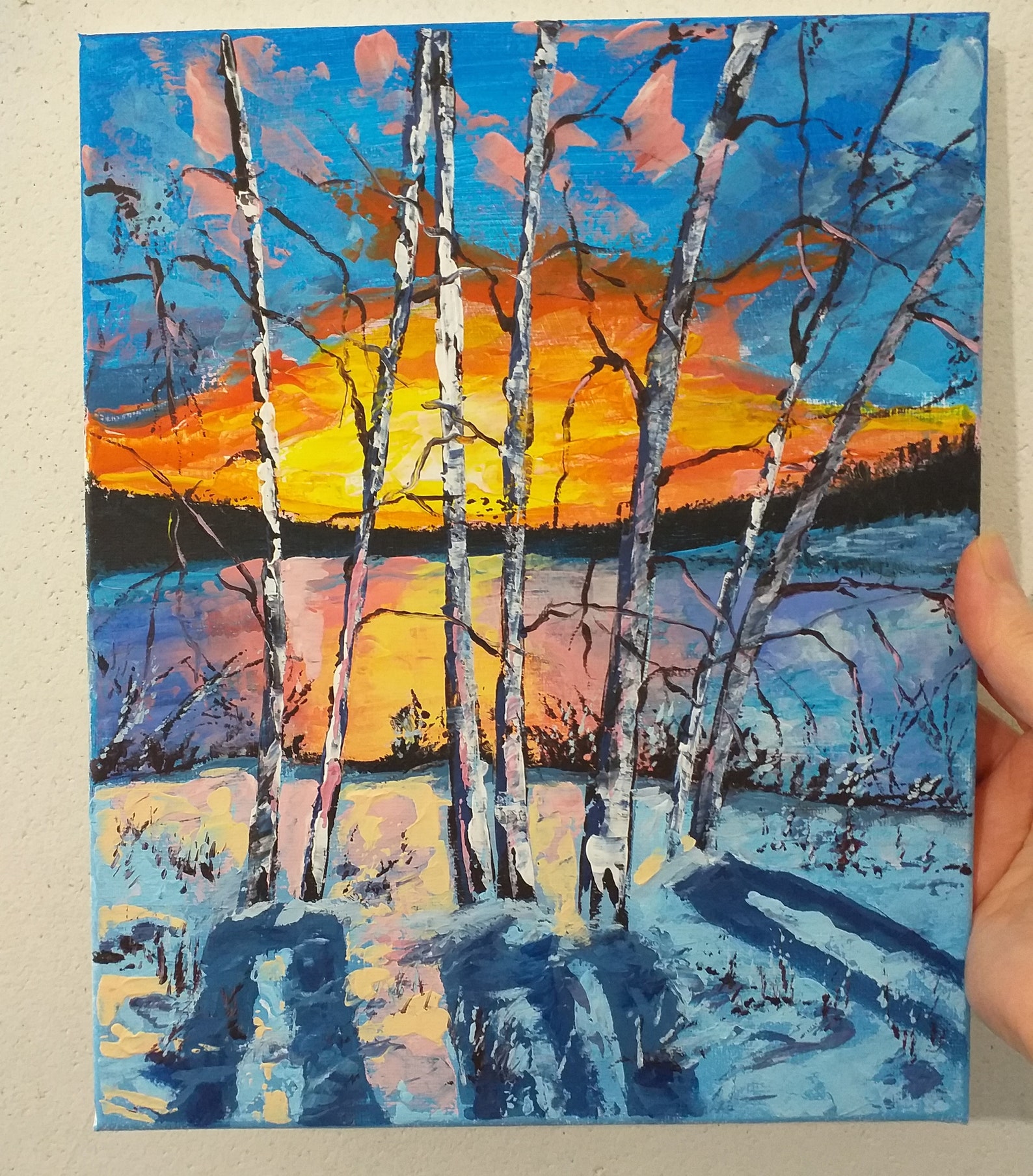 Birch Tree Painting Sunset Original Art Winter Acrylic Painting Canvas ...