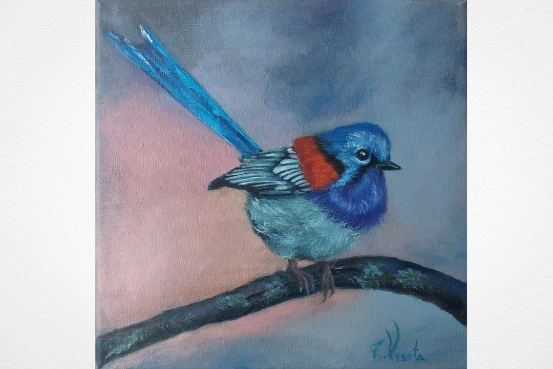 Blue Bird Painting Animal Original Art Small Oil Painting Canvas Bird ...