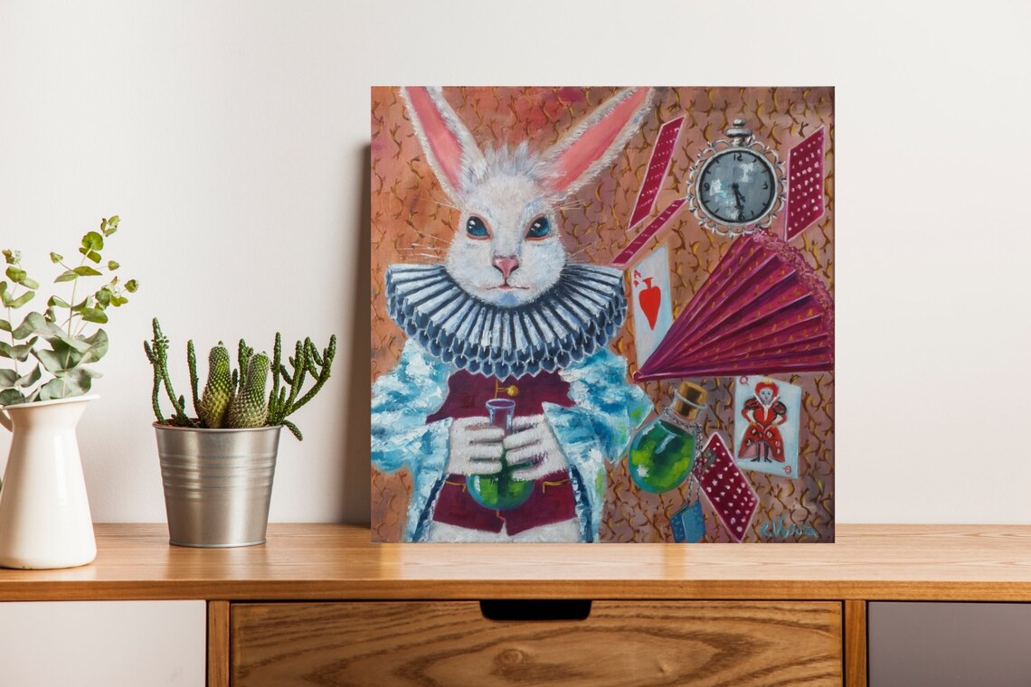 March Hare Alice in Wonderland Painting White Rabbit Original - Etsy