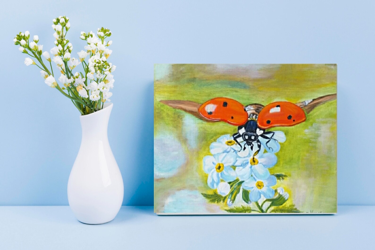 Ladybug Painting Forget Me Not Original Art Floral Oil - Etsy