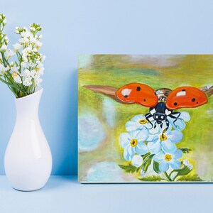 Ladybug Painting Forget Me Not Original Art Floral Oil - Etsy