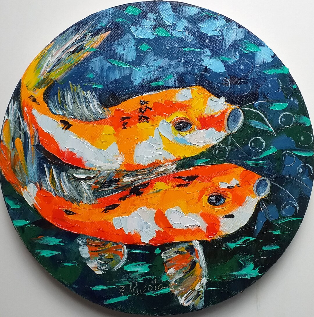 Koi Fish Oil Painting Round Impasto Canvas Original Art (10 Inch) by ...