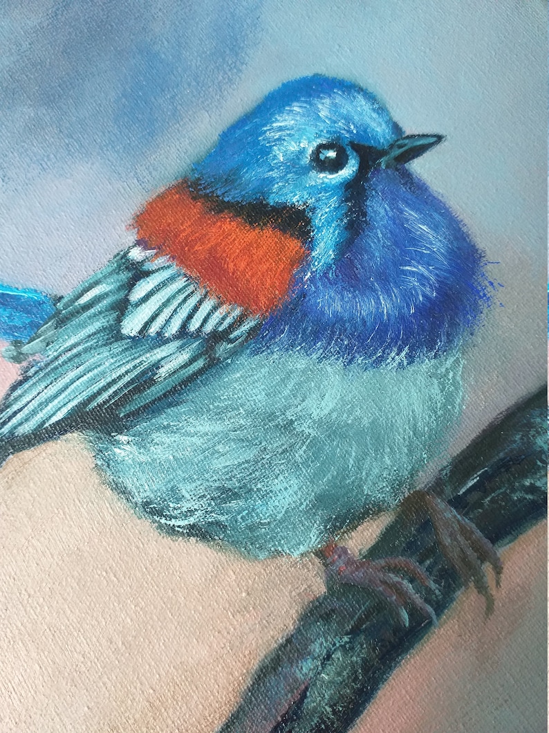 Blue Bird Painting Animal Original Art Small Oil Painting Canvas Bird ...