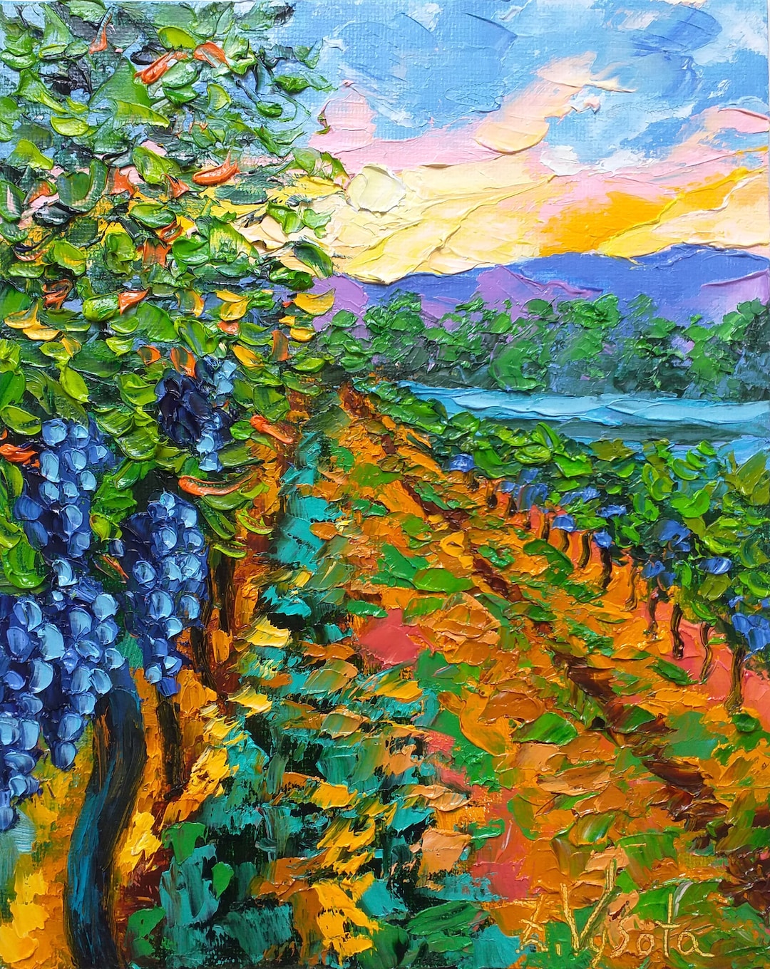 Vineyard Painting Sunset Original Art Landscape Oil Painting - Etsy