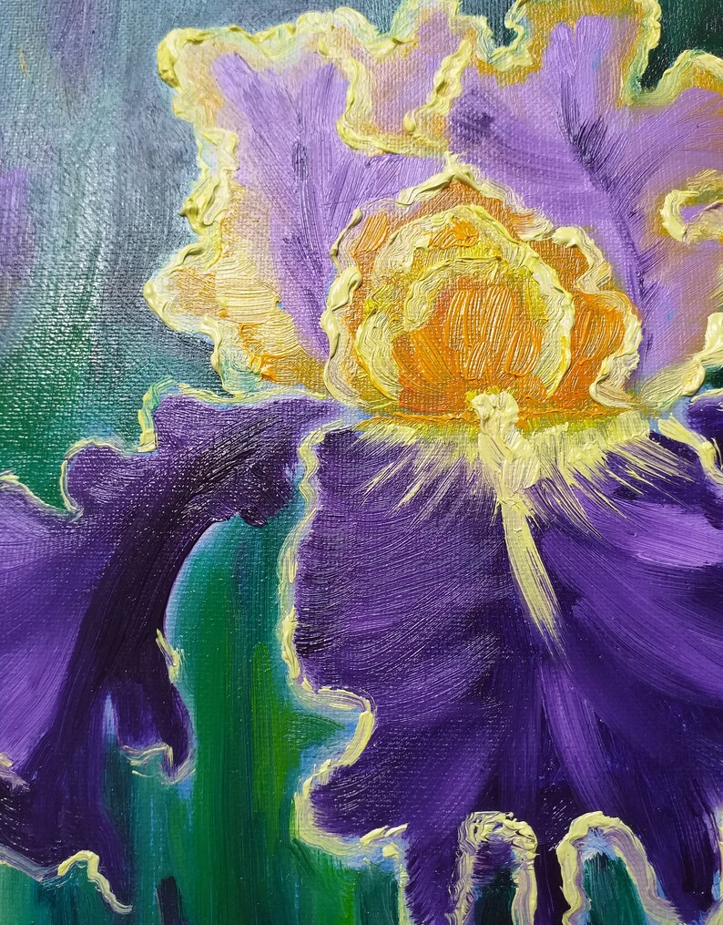 Purple Iris Oil Painting Impressionist Floral Original Art 8"x8" Canvas ...