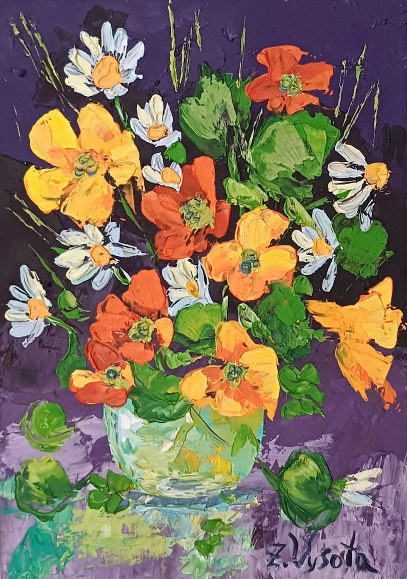 Nasturtium Painting Daisy Original Art Bouquet Flowers Impasto - Etsy