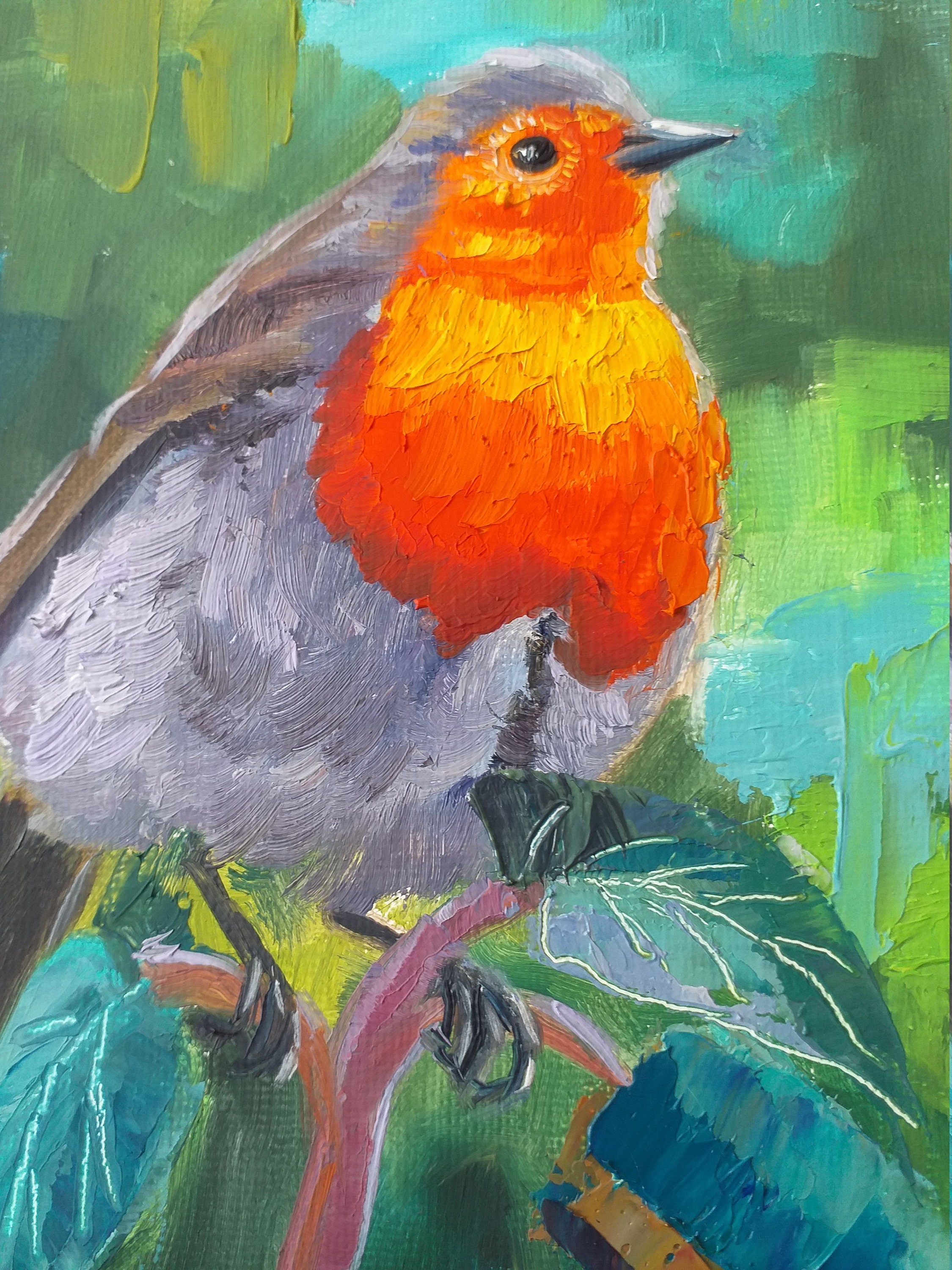Robin Painting Bird Original Art Wildlife Oil Painting Canvas Animal ...
