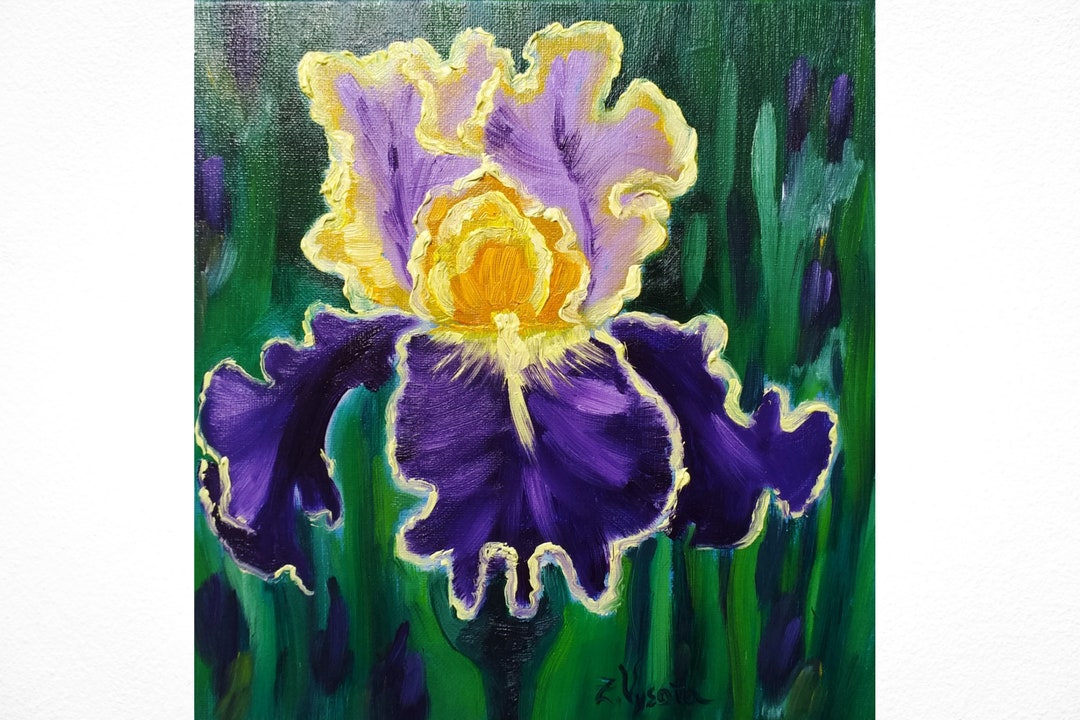 Purple Iris Oil Painting Impressionist Floral Original Art 8"x8" Canvas ...