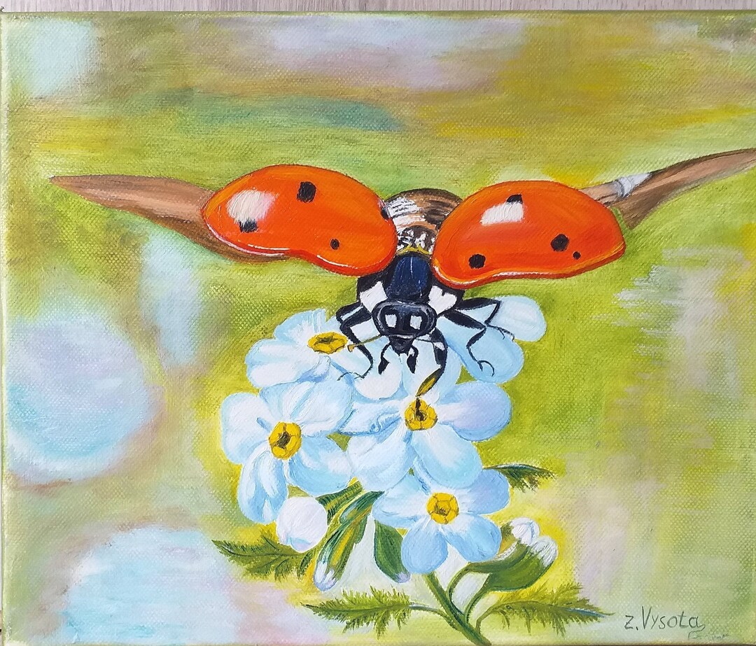 Ladybug Painting Forget Me Not Original Art Floral Oil - Etsy
