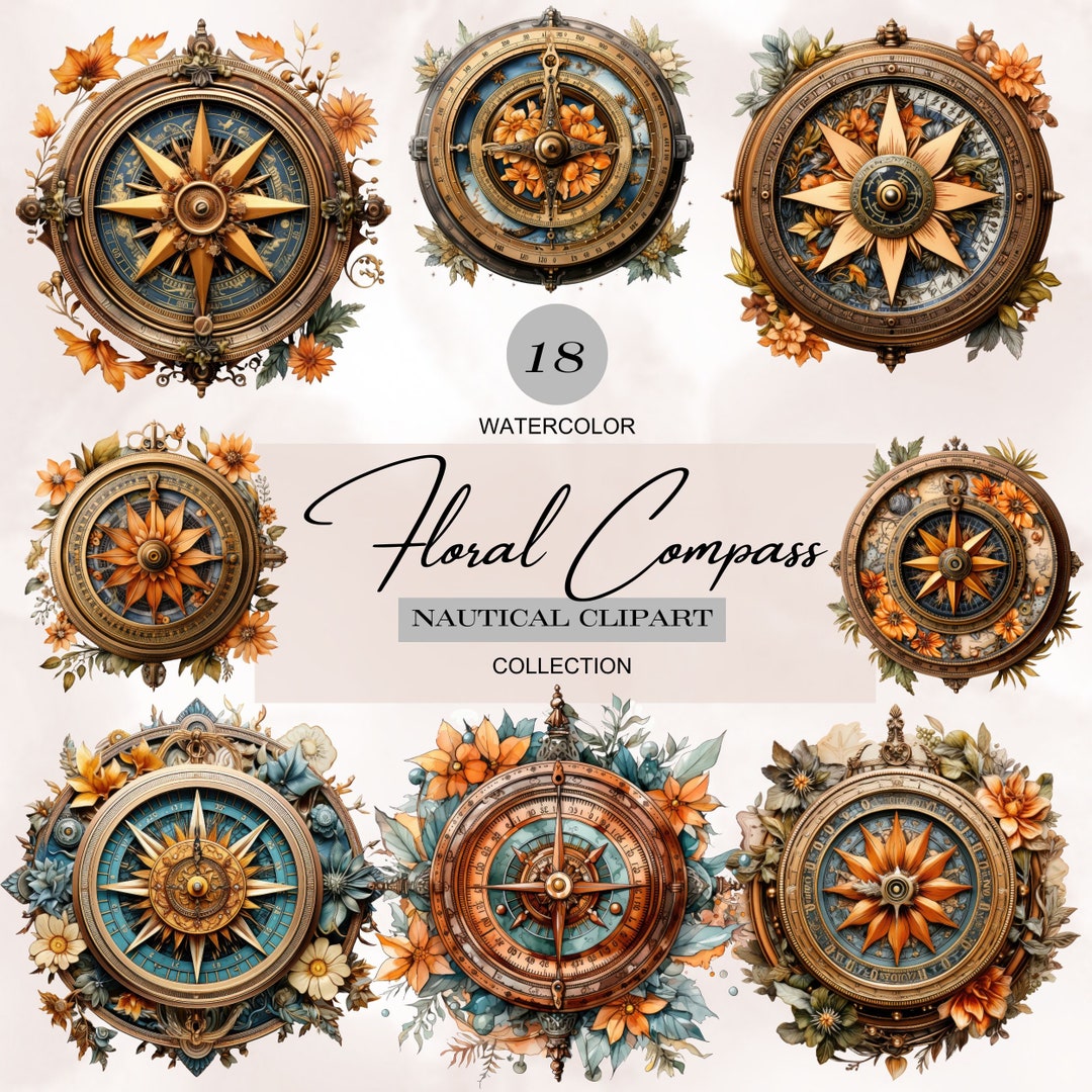Watercolor Vintage Floral Compass Png,floral Nautical Compass Png,retro ...