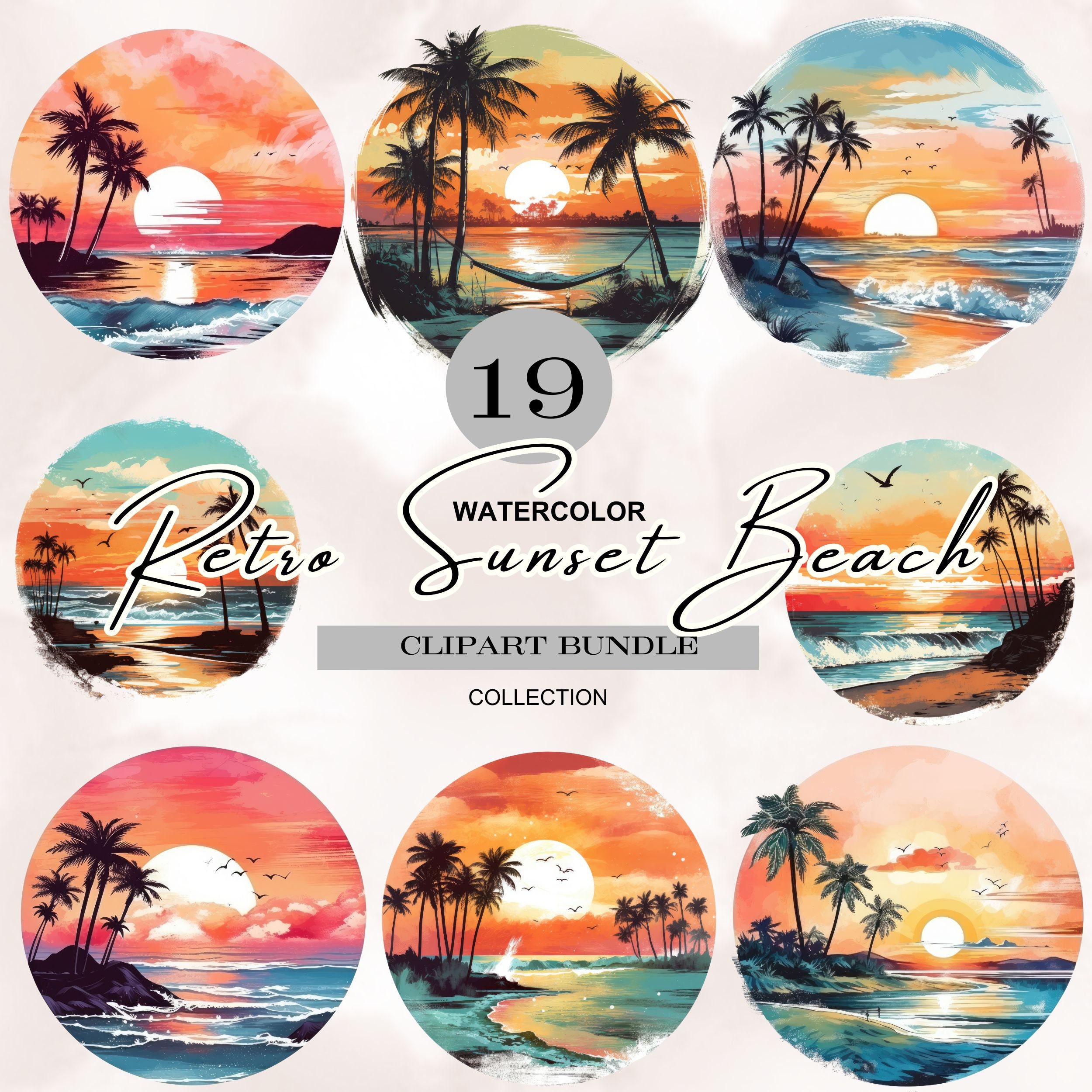 Watercolor Retro Sunset Beach Png,round Beach Clipart,sunset Beach Palm ...