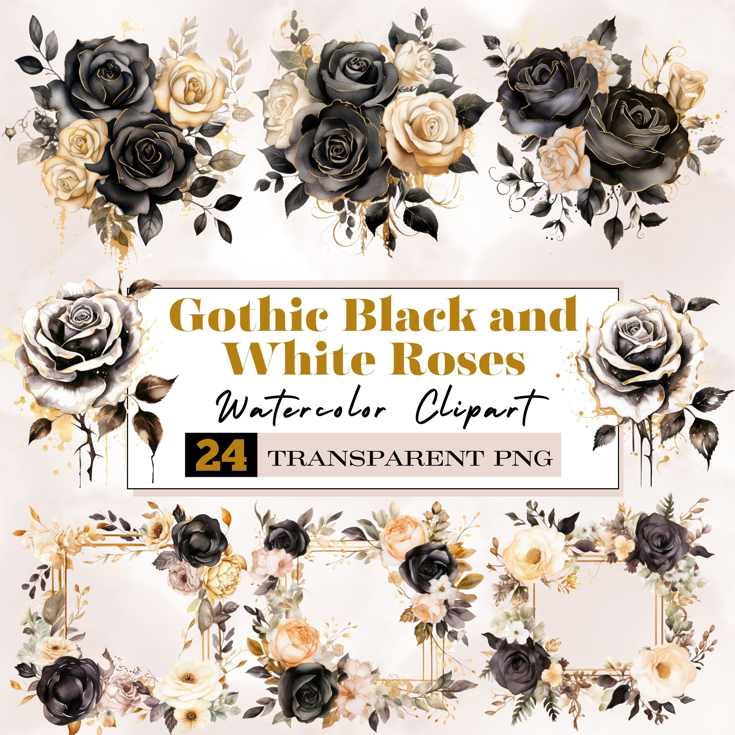Watercolor Gothic Rose Clipart,black and White Rose Clipart,gothic ...