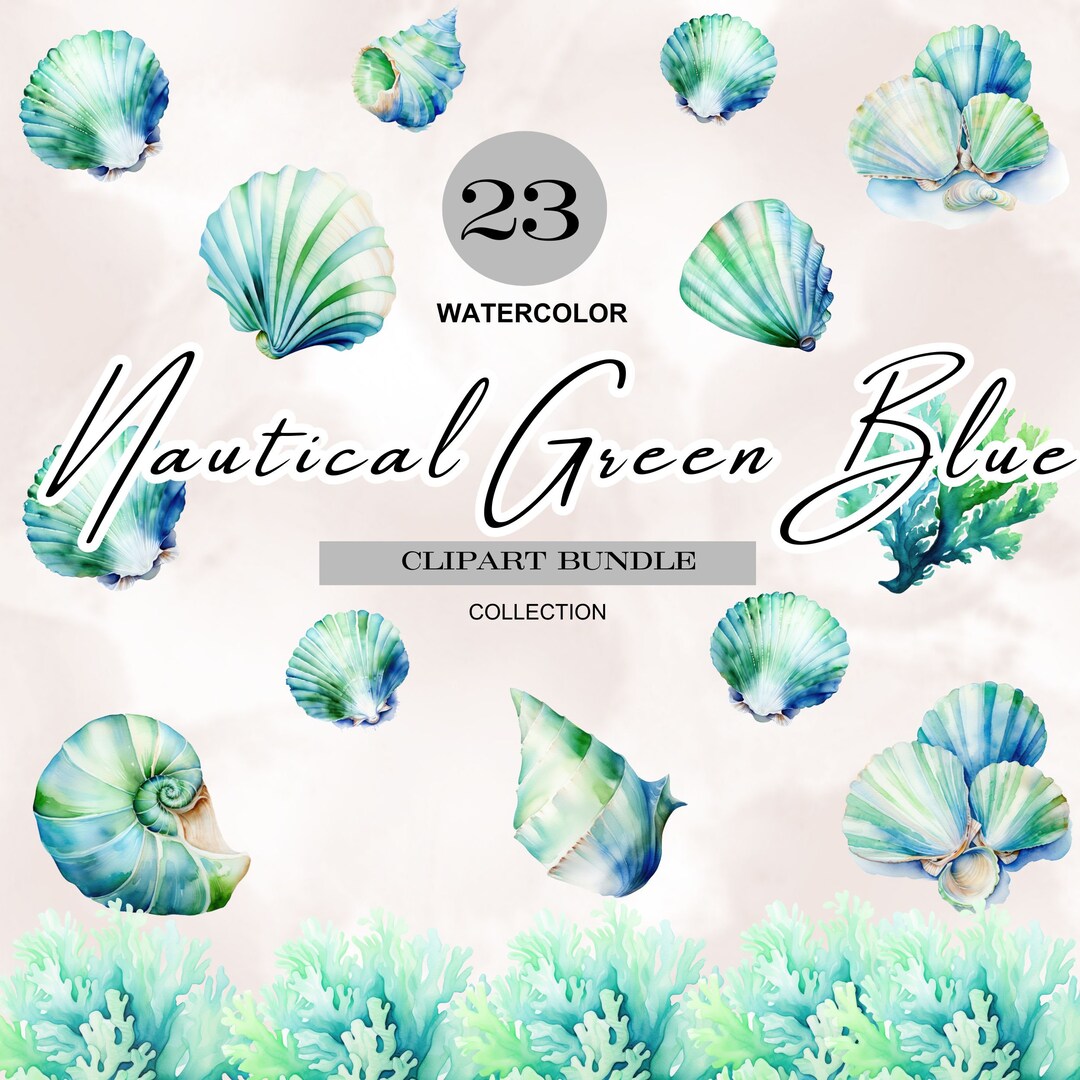 Watercolor Nautical Green Blue Seashells Clipart,under the Sea Png ...