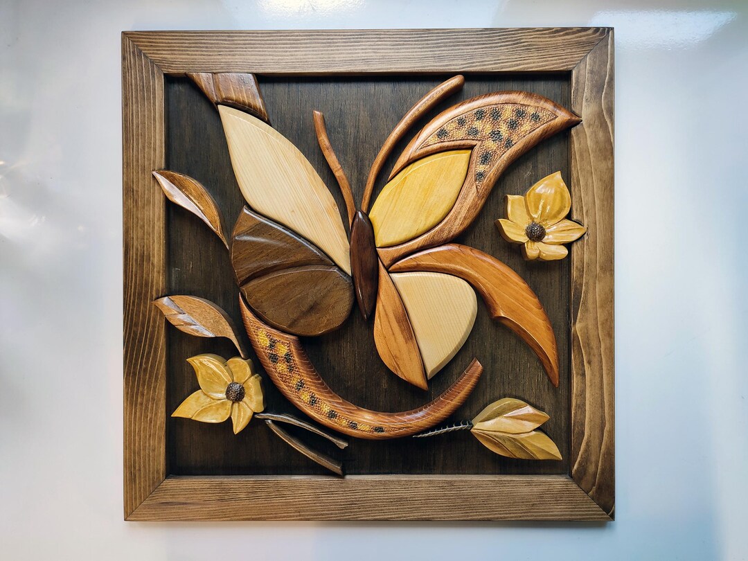 Handcrafted Wooden Wall Art – Butterfly in Intarsia and Woodcarving ...