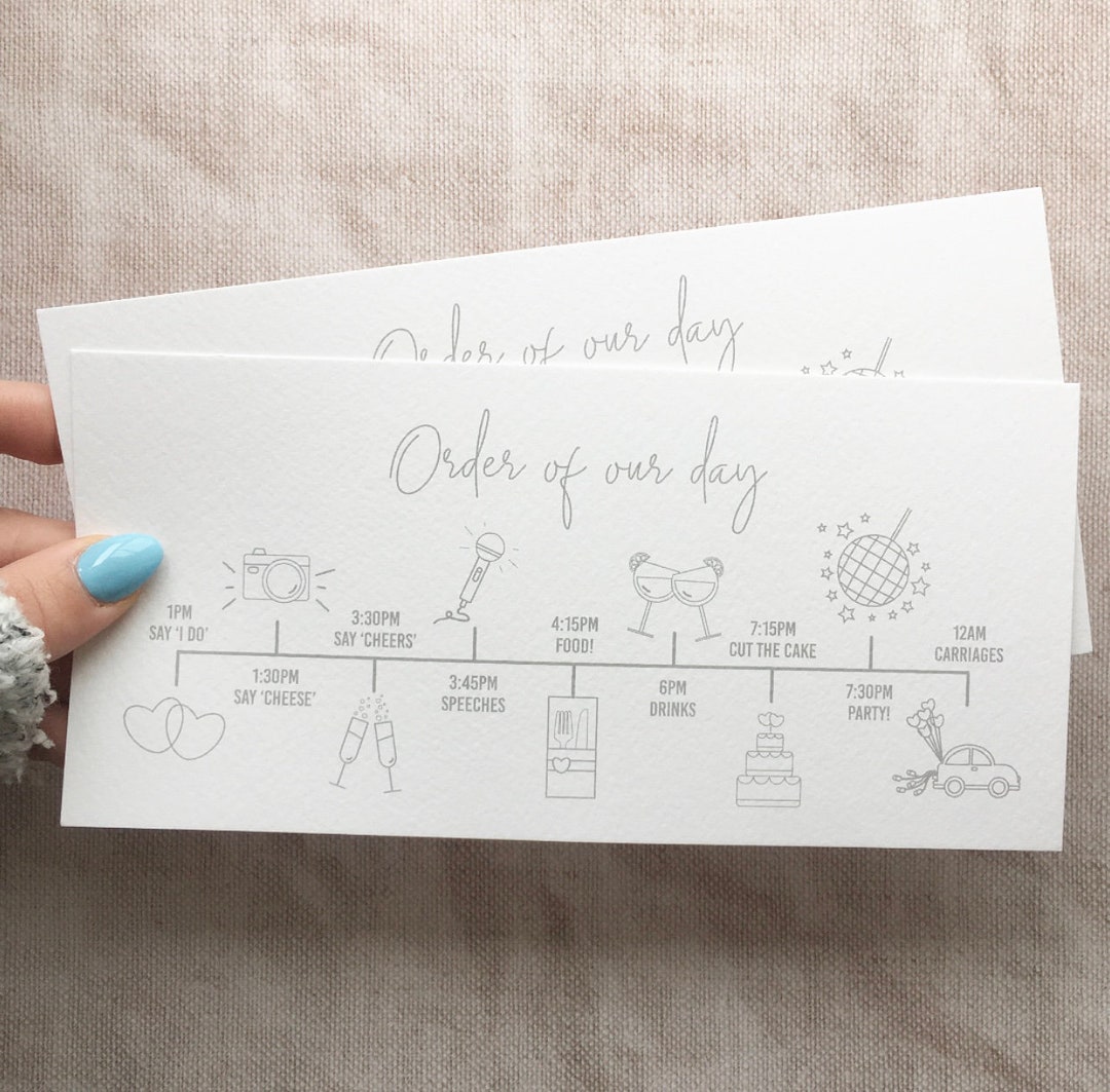 Ivory Order of the Day Wedding Timeline Postcards, Wedding Timings Handout, Wedding Timeline ...