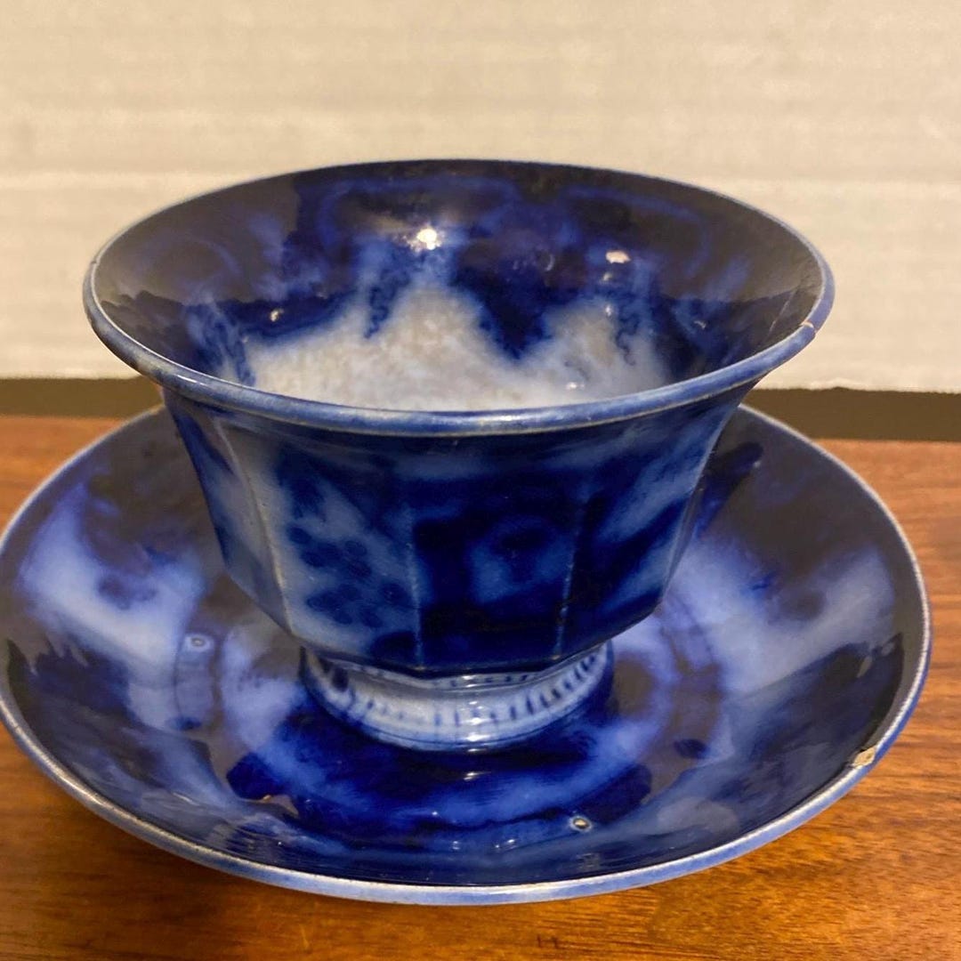 Antique Flow Blue Cup (no Handle) and Saucer PELEW by E Challinor 1853 ...