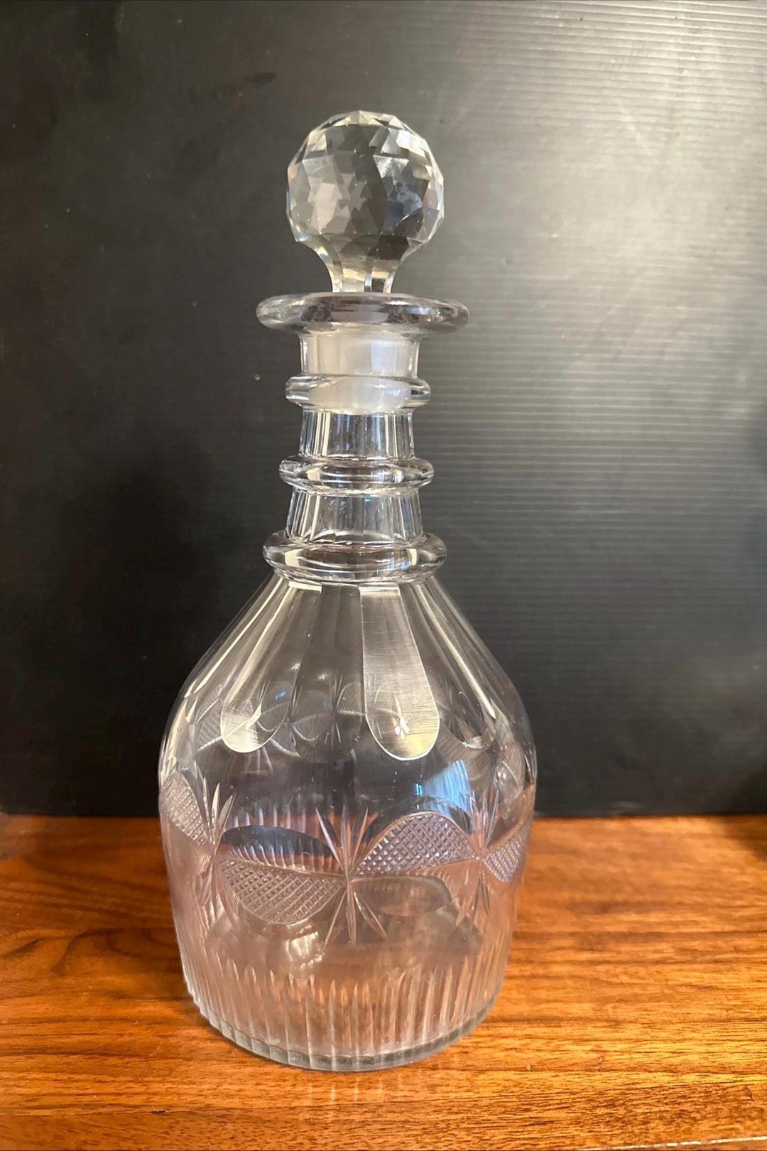 Antique Blown & Cut Glass Decanter Three Ring Neck Pleated Shoulders ...