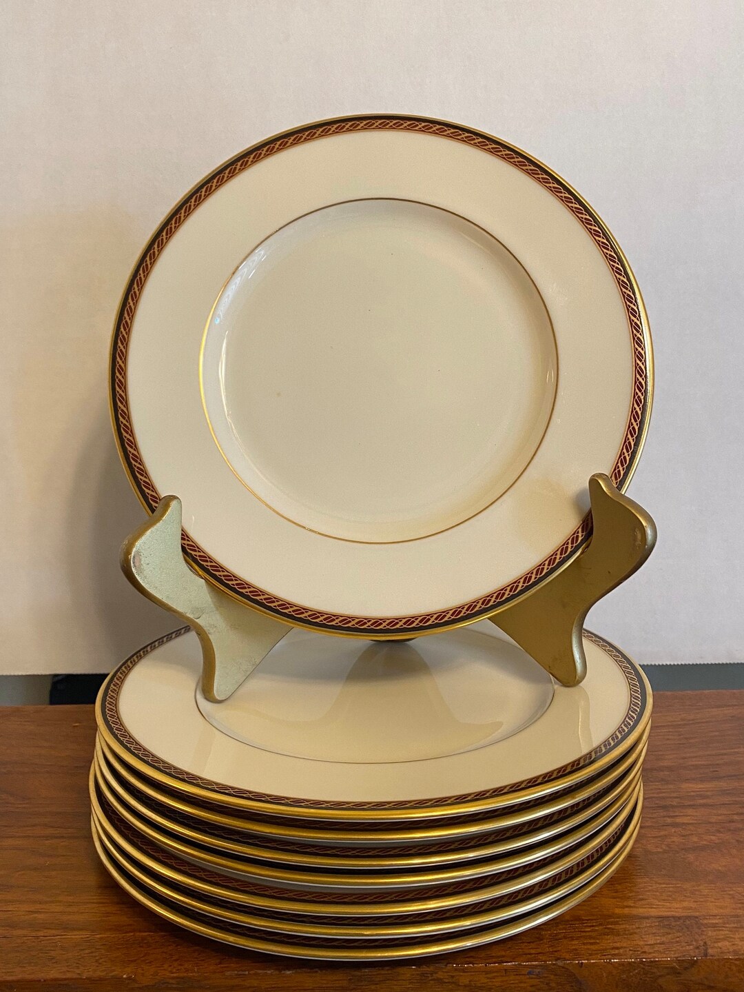 8 Lenox Monroe Salad Plates Maroon & Gold Rims First Quality Excellent ...