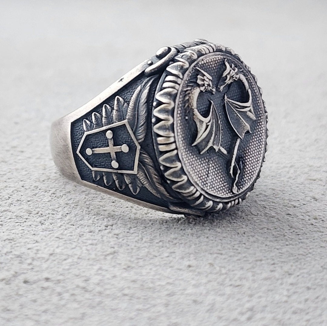 Twin Dragon Handmade Engraved Ring, Sterling Silver Dragon Pinky Men ...