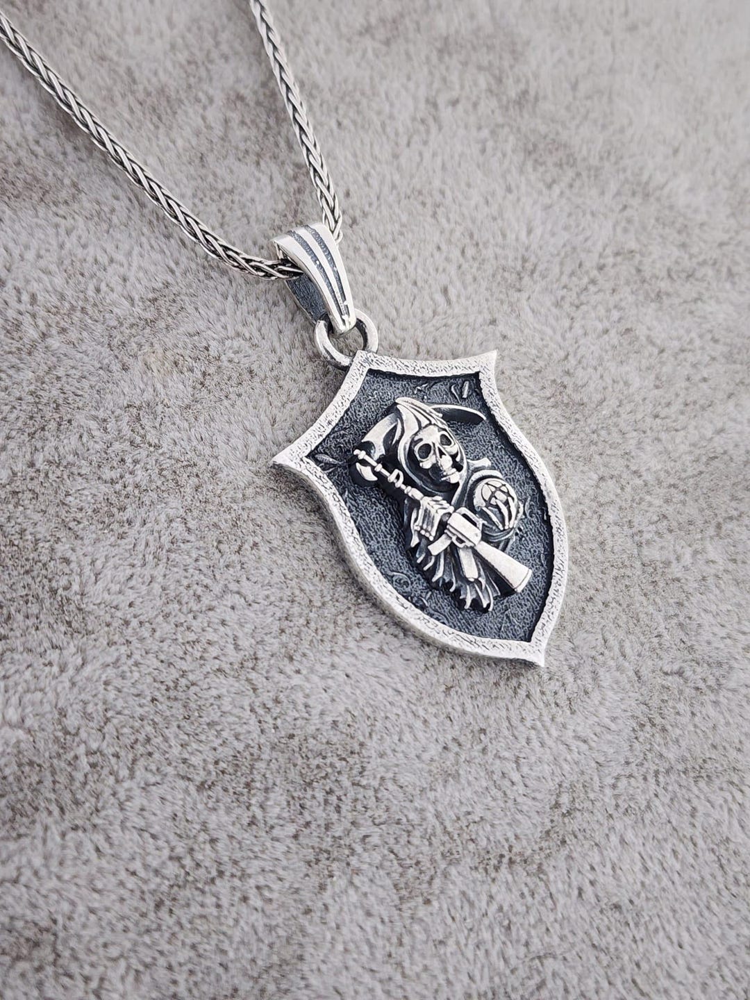 Sterling Silver Grim Reaper Shield Pendant: Gothic Rifle & Rose ...