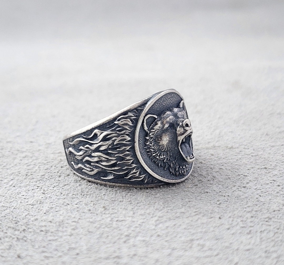 Blackened Bear Head Sterling Silver Ring: Furry Motif Boho Gift - Etsy