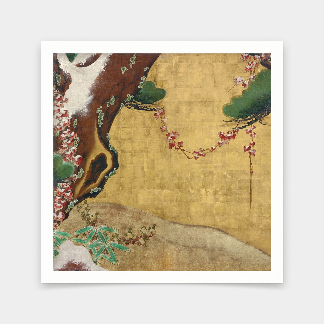 Japanese Painting,autumn Pine Tree, Flowers and Snow,japanese Painting ...