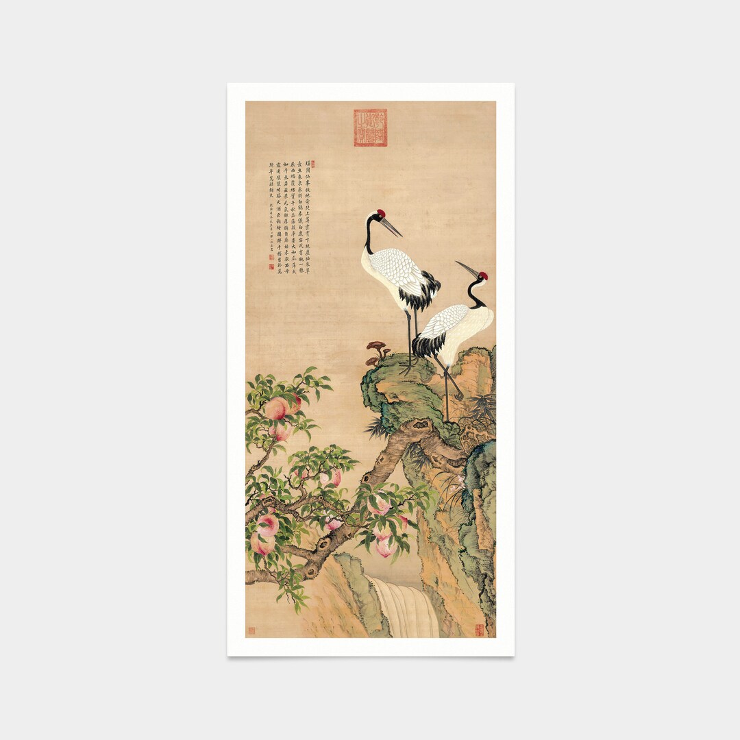 Zou Yigui,peach Trees and Cranes,asian Decor Canvas Artwork,japanese ...